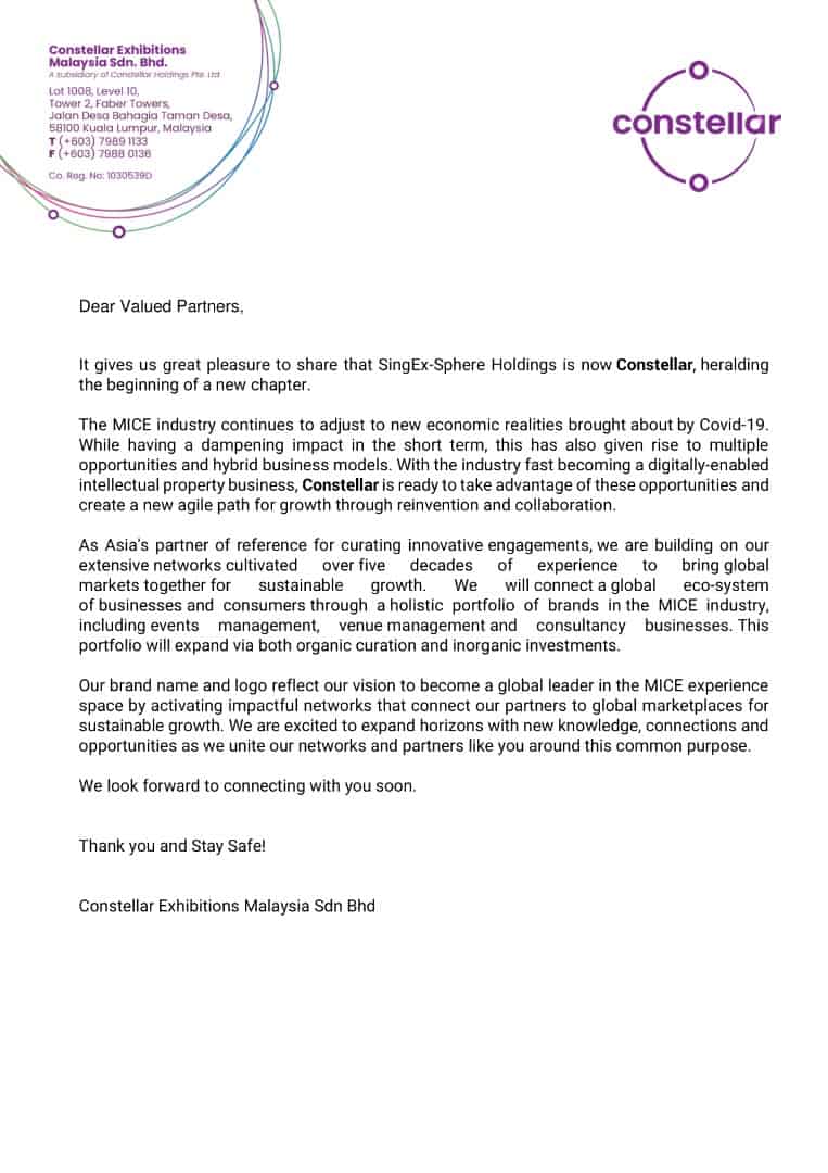 ANNOUNCEMENT : SingEx – Sphere is now known as Constellar - MIFB